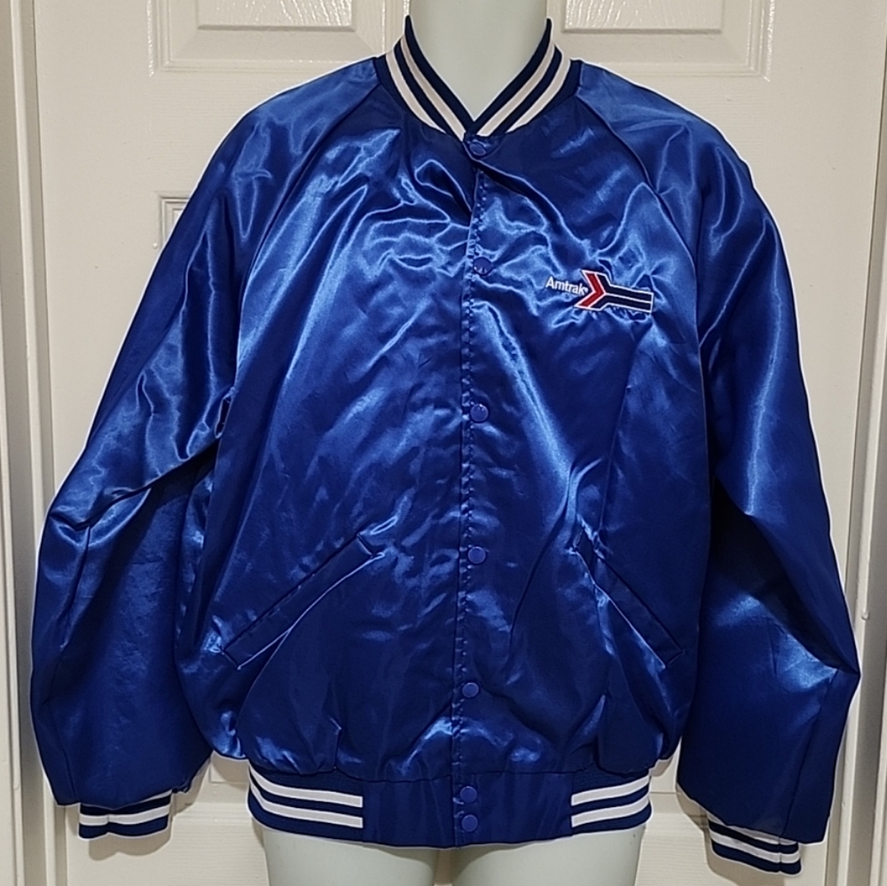Vintage Amtrak Train Blue Satin Bomber Jacket Made In… - Gem